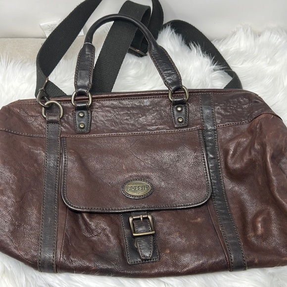 Fossil | Bags | Fossil Estate Framed Leather Duffle Bag Brown Opens Up ...